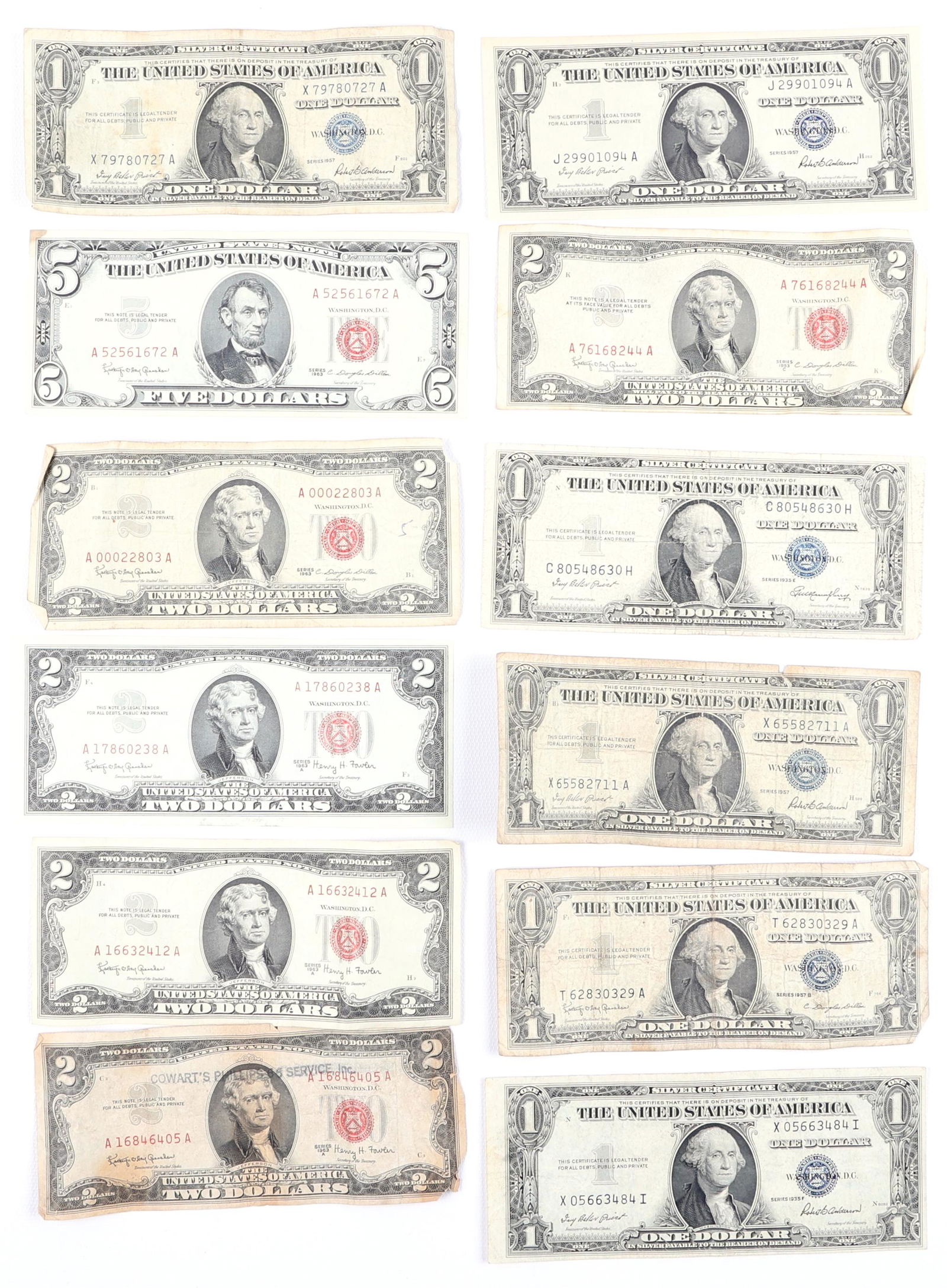 1935 1963 Us Federal Reserve Notes $1, $2, & $5