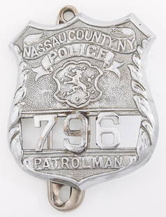 Nassau County New York Police Patrolman Badge No. 796