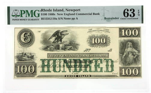 1860 $5 New England Commercial Bank Newport Rhode Island Obsolete Note ...