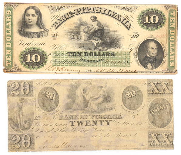 1850's 60's $10 $20 Virginia Obsolete Banknotes