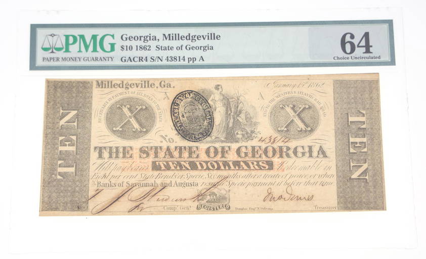 1862 $10 Milledgeville State Of Georgia Bank Note Pmg