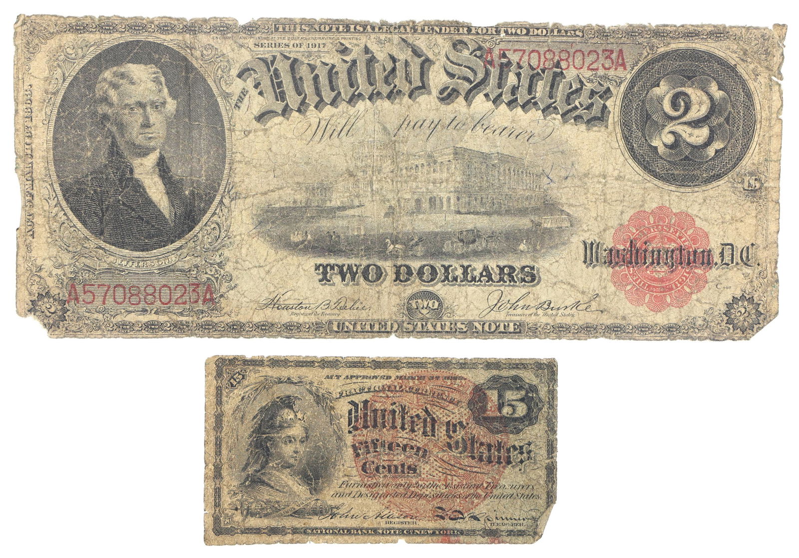 United States Obsolete Currency Notes 15c, $2