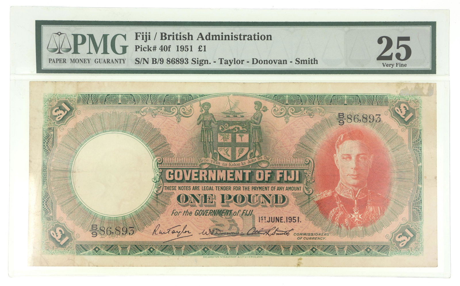 1951 Fiji British Administration Â£1 Pound Note Pmg Vf25