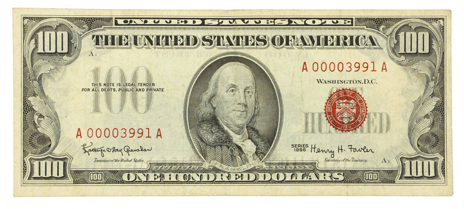 1966 Us $100 Red Seal Bank Note Fr.1550 Auction