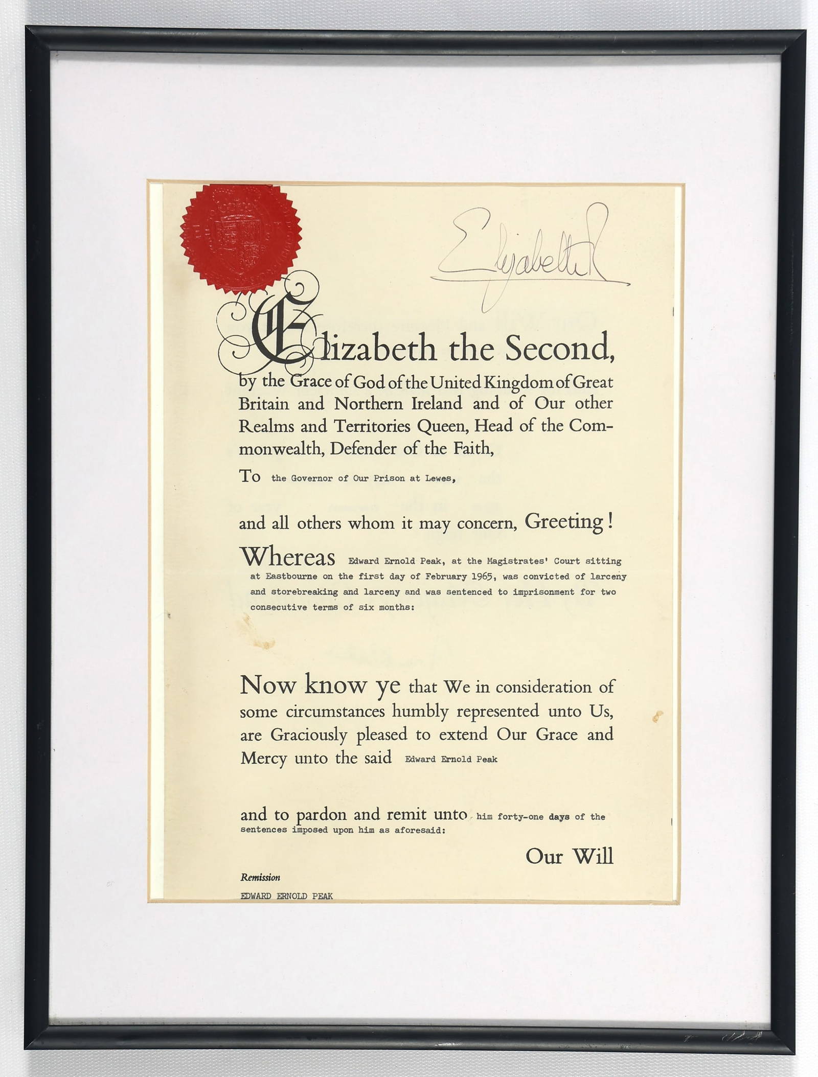 1960s Queen Elizabeth Ii Signed Royal Pardon Auction