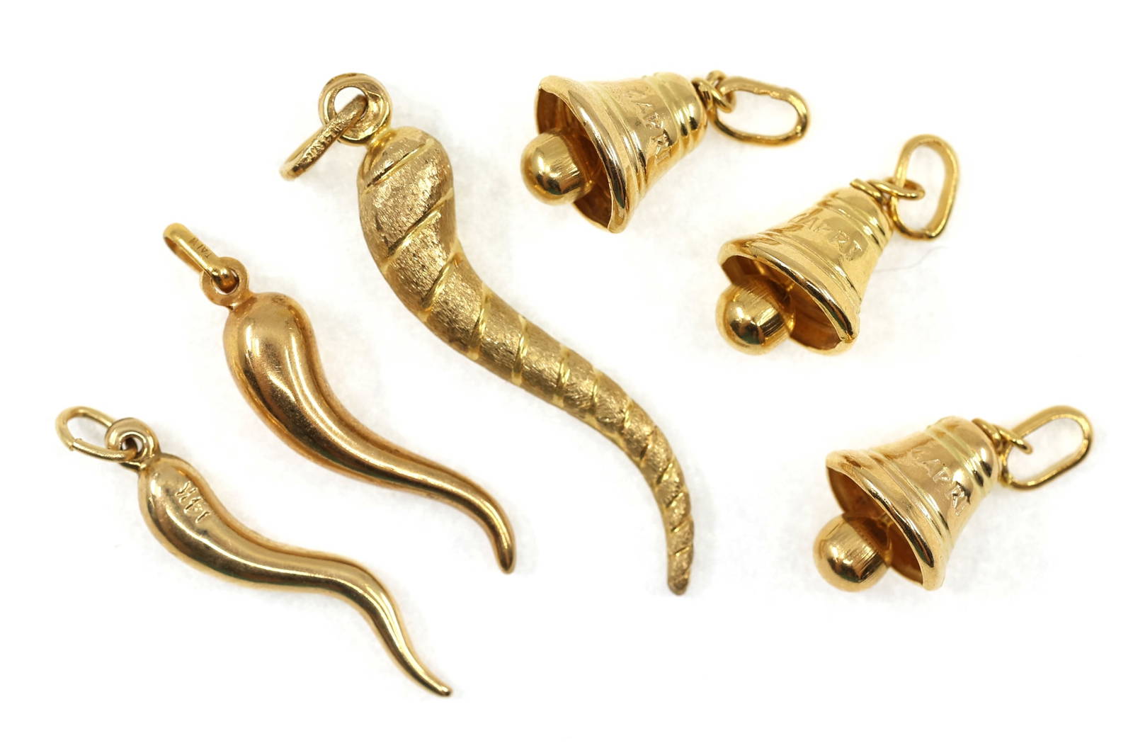 14k Yellow Gold Capri Bell & Cornicello Charms Auction