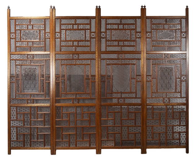 AN INDIAN FOUR PANEL TEAK WOOD AND BRASS INLAID SCREEN, 19TH CENTURY ...