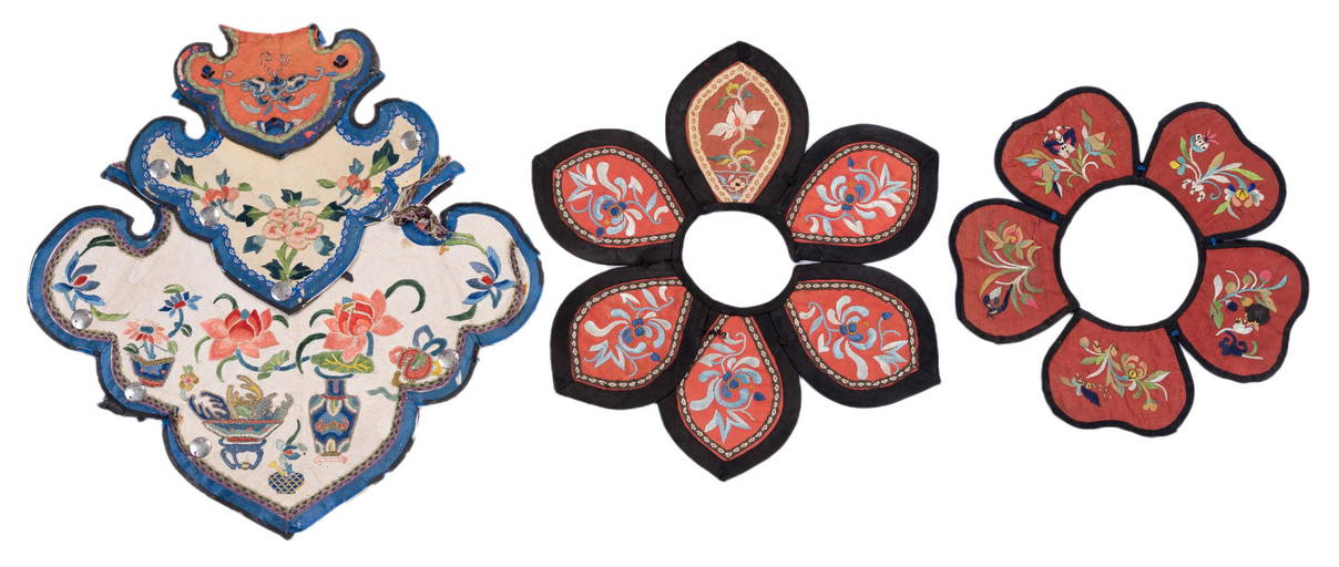 THREE CHINESE EMBROIDERED SILK COLLARS, CIRCA 1900. The first a ...
