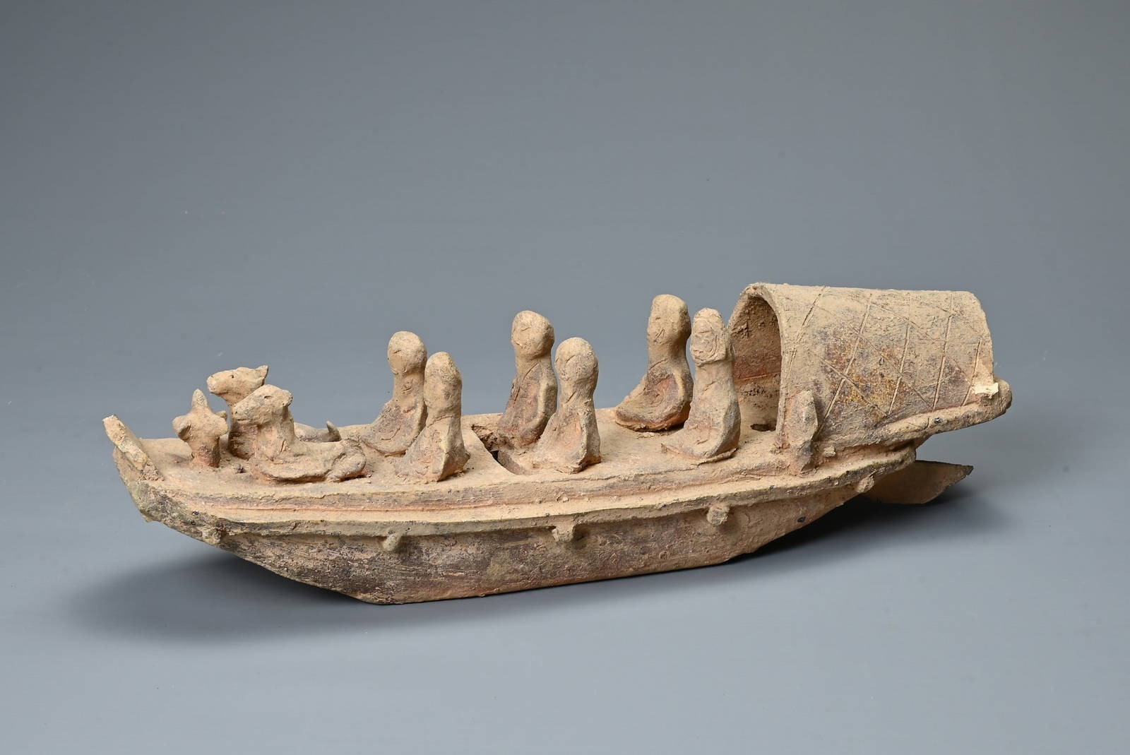 A Chinese Pottery Model Of A Boat With Rudder, Han Dynasty Style. Close ...