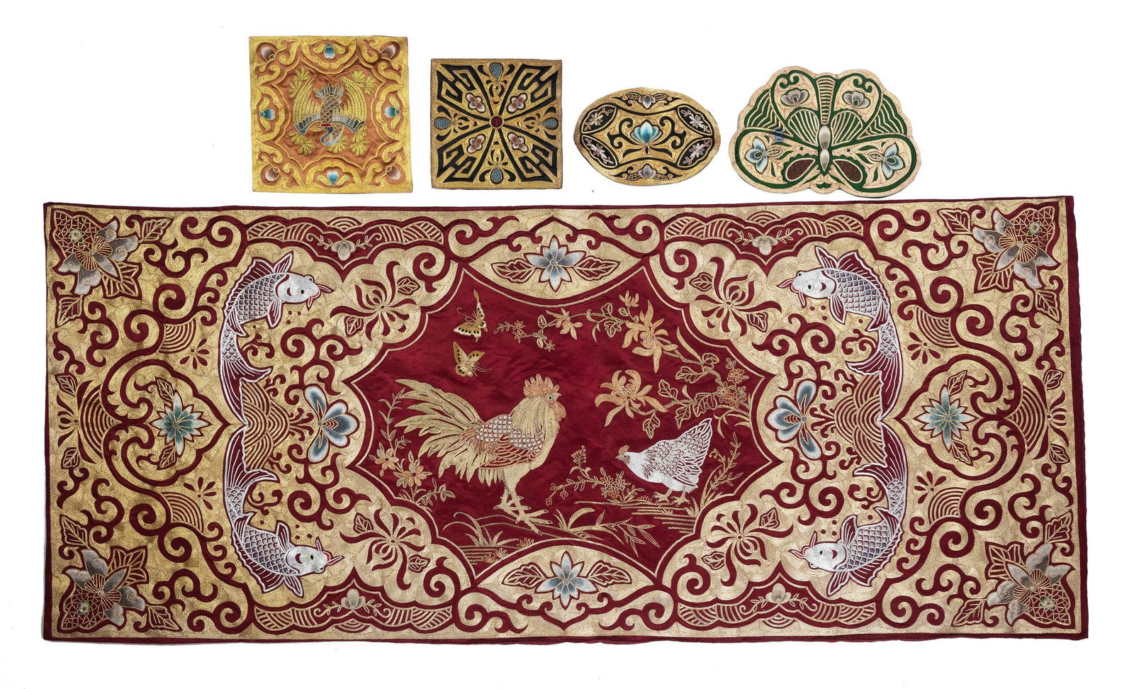 A Collection Of Chinese Embroidered Silk And Gold Thread Panels And ...