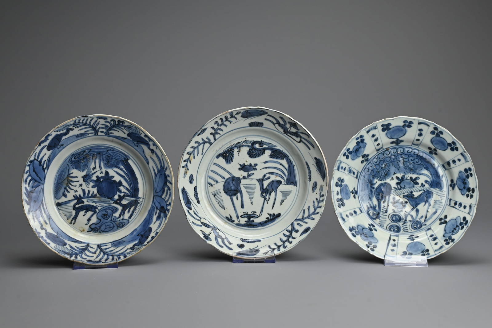 Three Chinese Blue And White Kraak Ware Porcelain Dishes, Late Ming ...