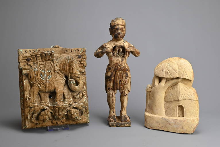 Two Indian Carved Wood Items And Stone Carving, 20th Century. To ...