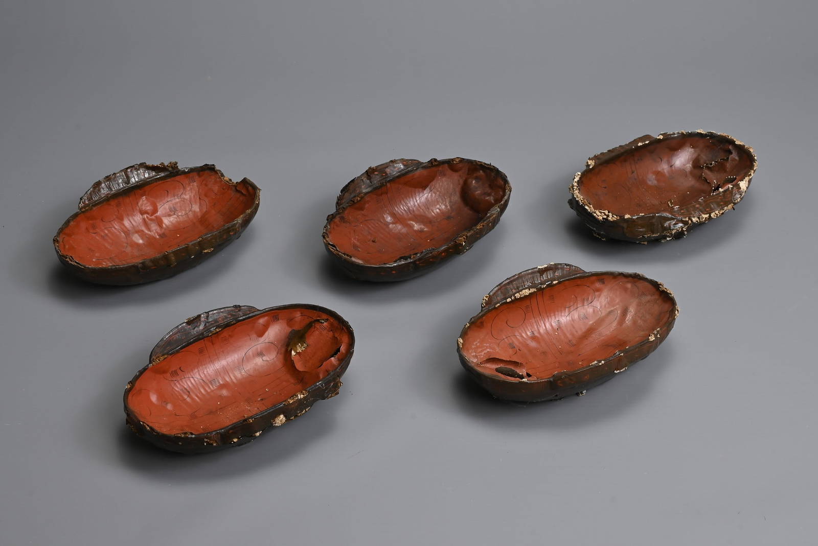 A Set Of Five Chinese Painted Brown Lacquer Ear Cups, Erbei, Western ...