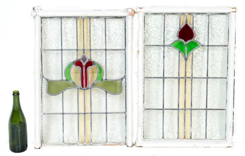 Pair Of Stained Glass Panels, Shield And Floral Motif
