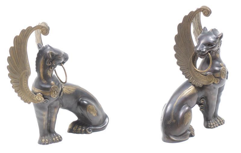 Pair Of Metal Egyptian Style Winged Cat Statues