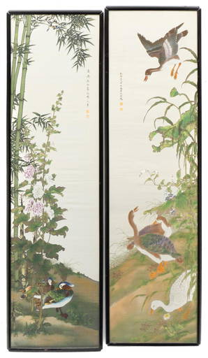 Pair Of Classical Japanese Silk Screens