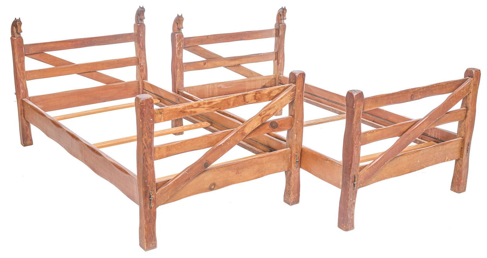 Pair Of Rustic Farmhouse Bed Frames, Horse Motif