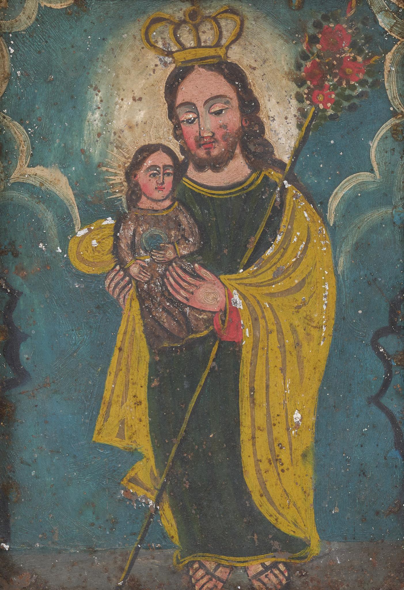 20th C. Mexican Folk Art Retablo, Saint Joseph And Christ