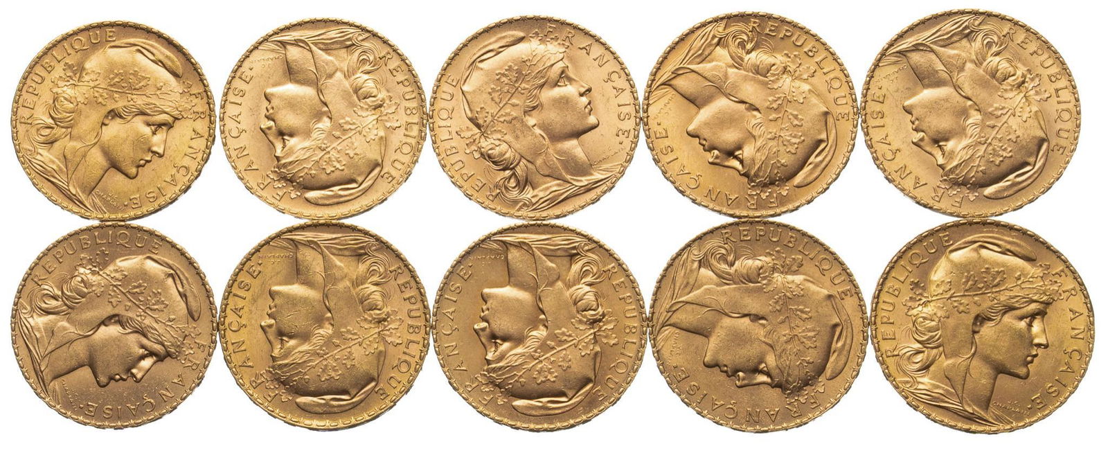 (10) Gold French 20 Franc Coins