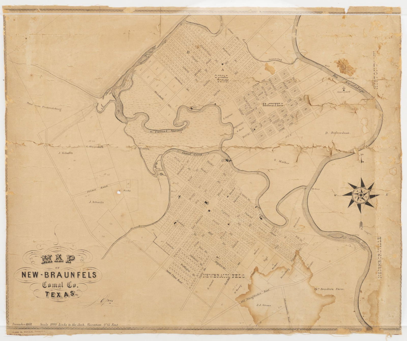 J.j. Groos, Map Of New Braunfels, Comal County, Texas, Dec. 1868