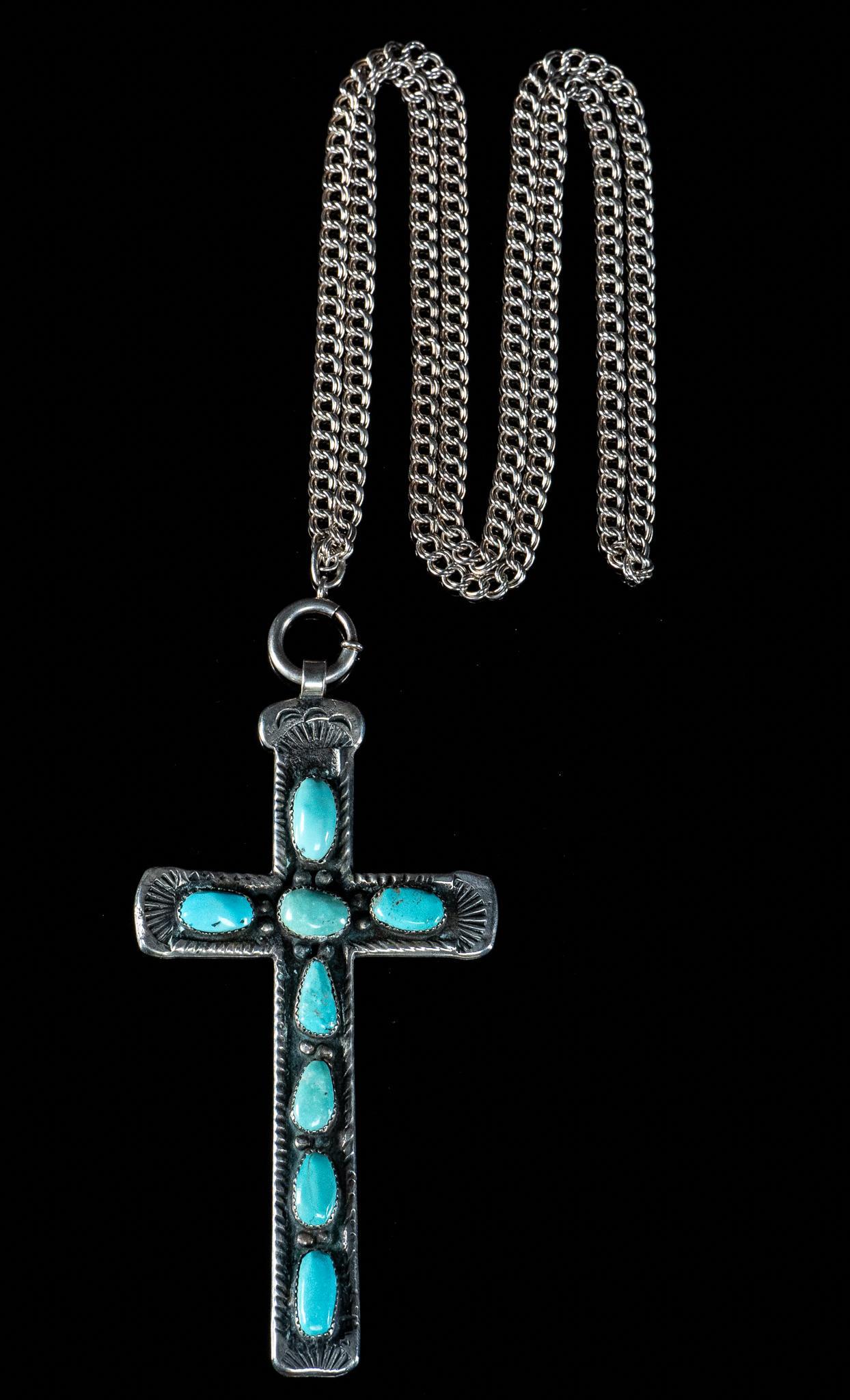 Horace Iule Zuni Large Turquoise Sterling Silver Cross And Chain