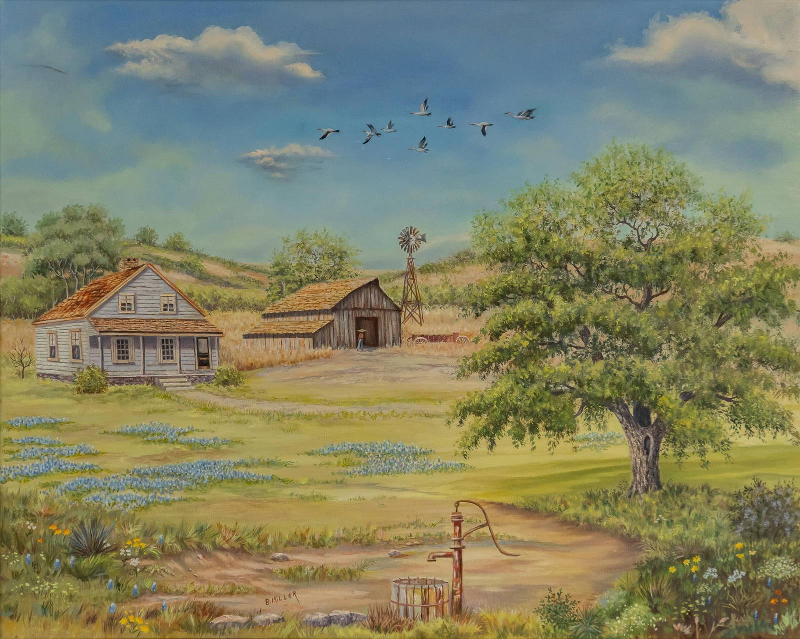 B. Miller, Bluebonnets And Windmill Auction