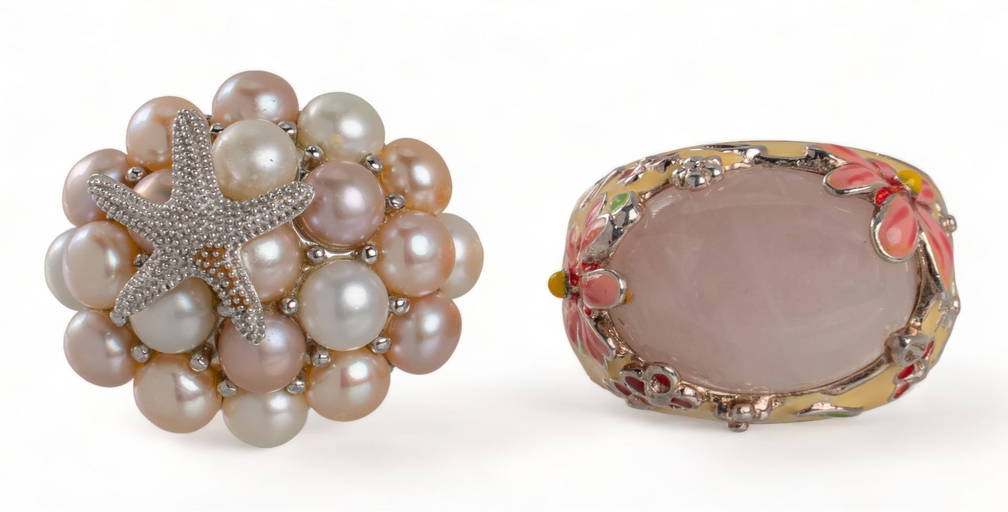 (2) Honora Pearl Ring And David Sigal Rose Quartz Flower Enamel Ring
