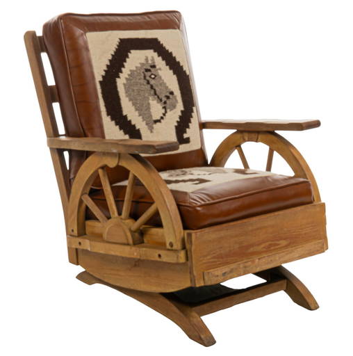Vintage Wooden Wagon Wheel Rocking Chair With Leather Upholstery