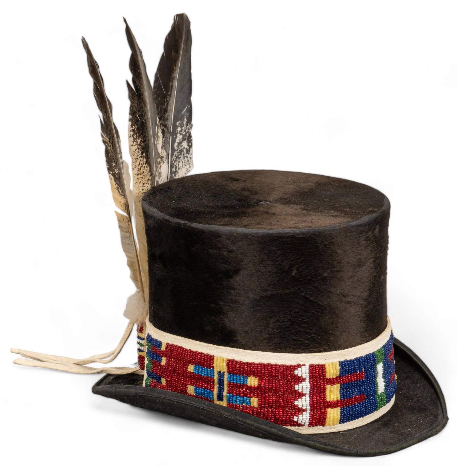 Men's Native American Style Beaded Top Hat With Feathers Auction