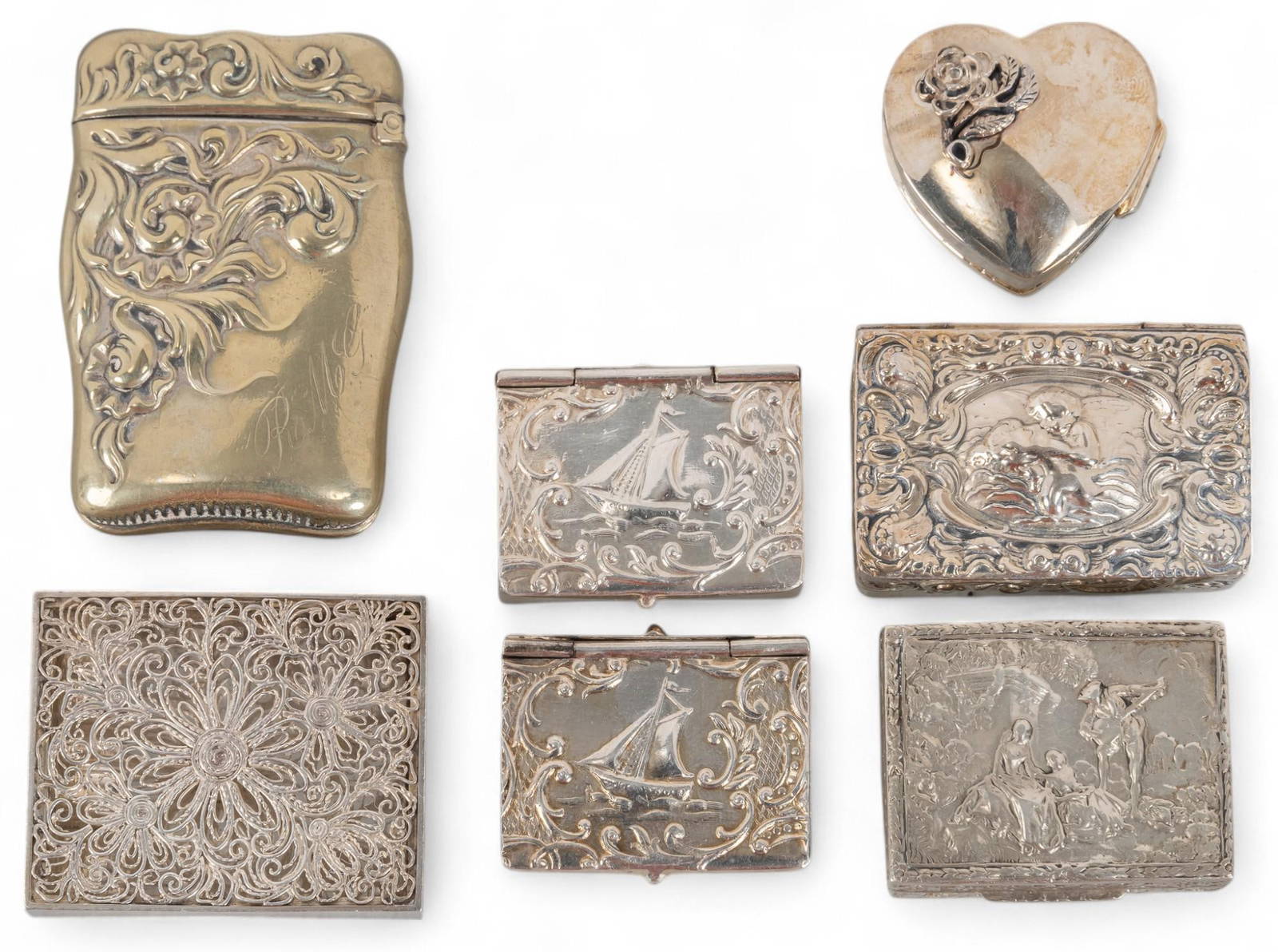 Collection Of (7) Sterling Silver Trinket Boxes And Tray Auction