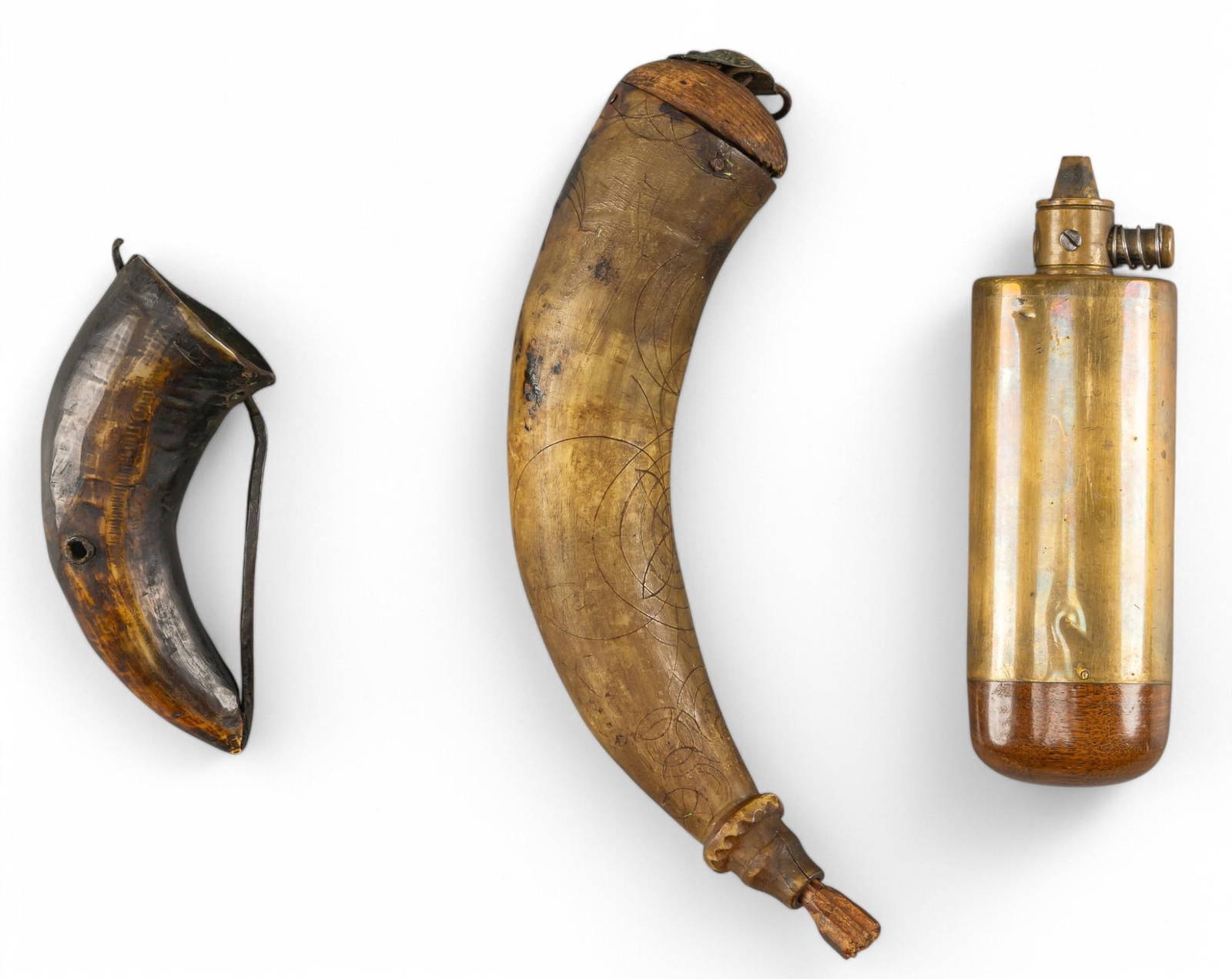 (2) Antique Powder Horns And (1) Brass Powder Auction