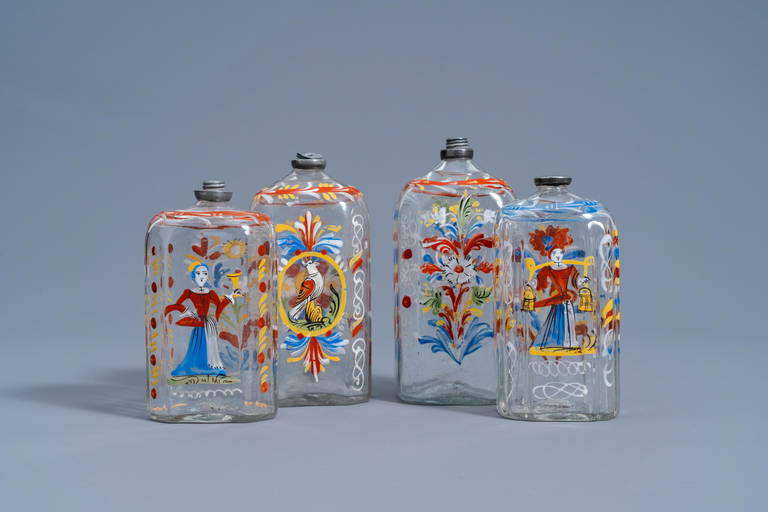 Four various German painted glass spirit flasks with (#1177) on Mar 11 ...