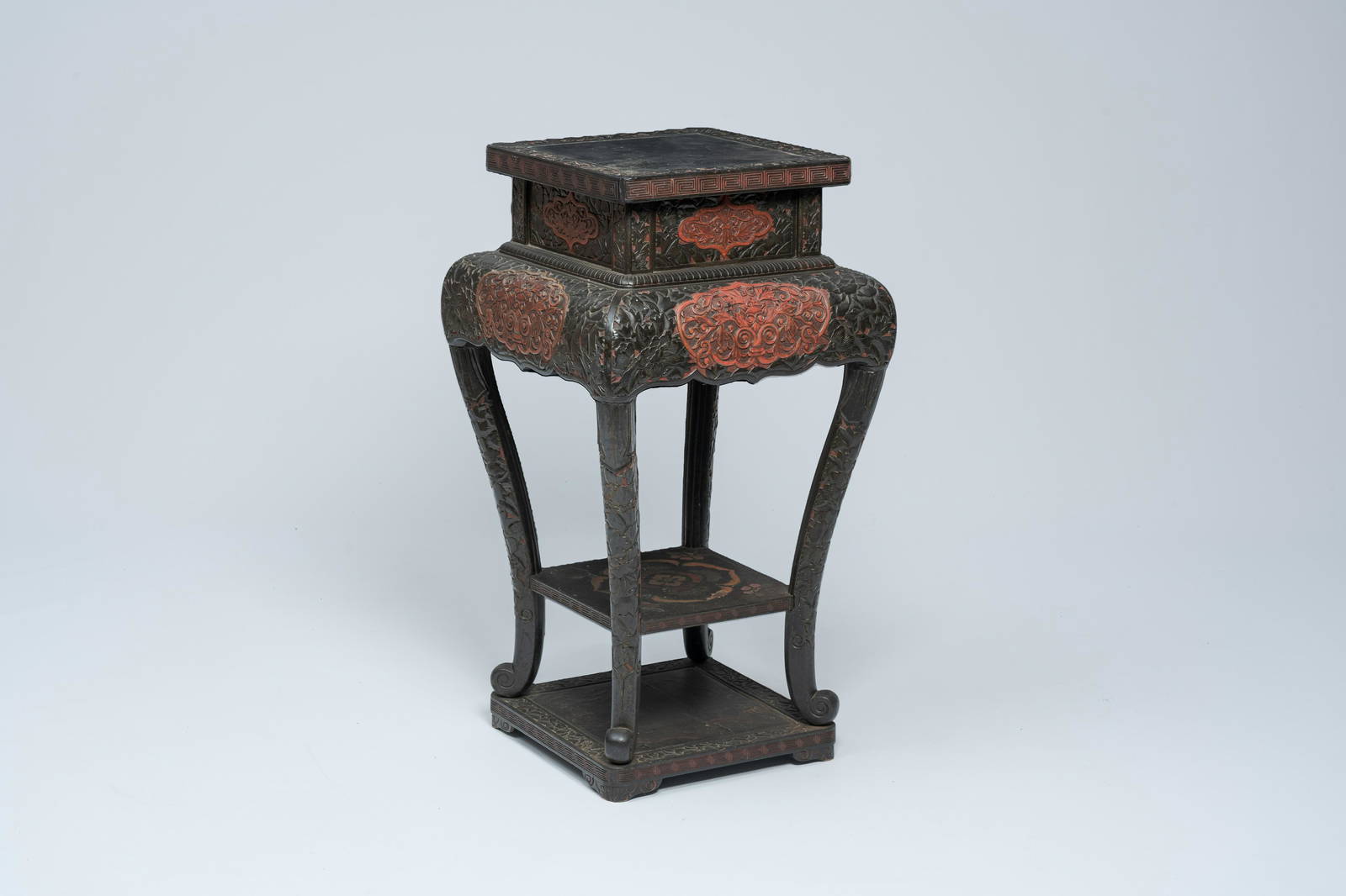 A Japanese Red And Black Lacquered Wood Stand With Floral Design, Meiji ...