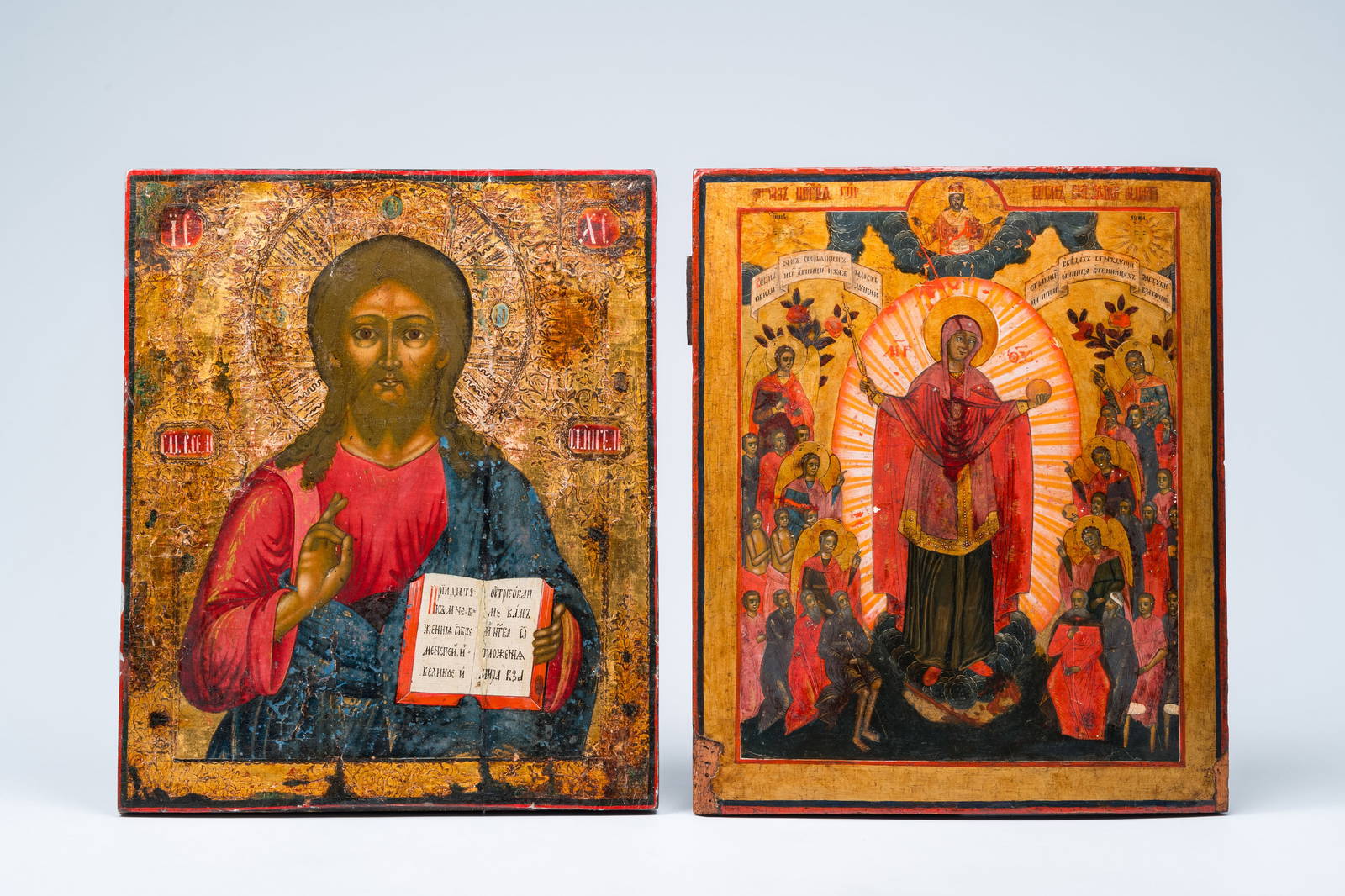 Two Orthodox Icons, 'christ Pantocrator' And 'mother Of God, Joy Of All Who Sorrow', 19th C. Auction