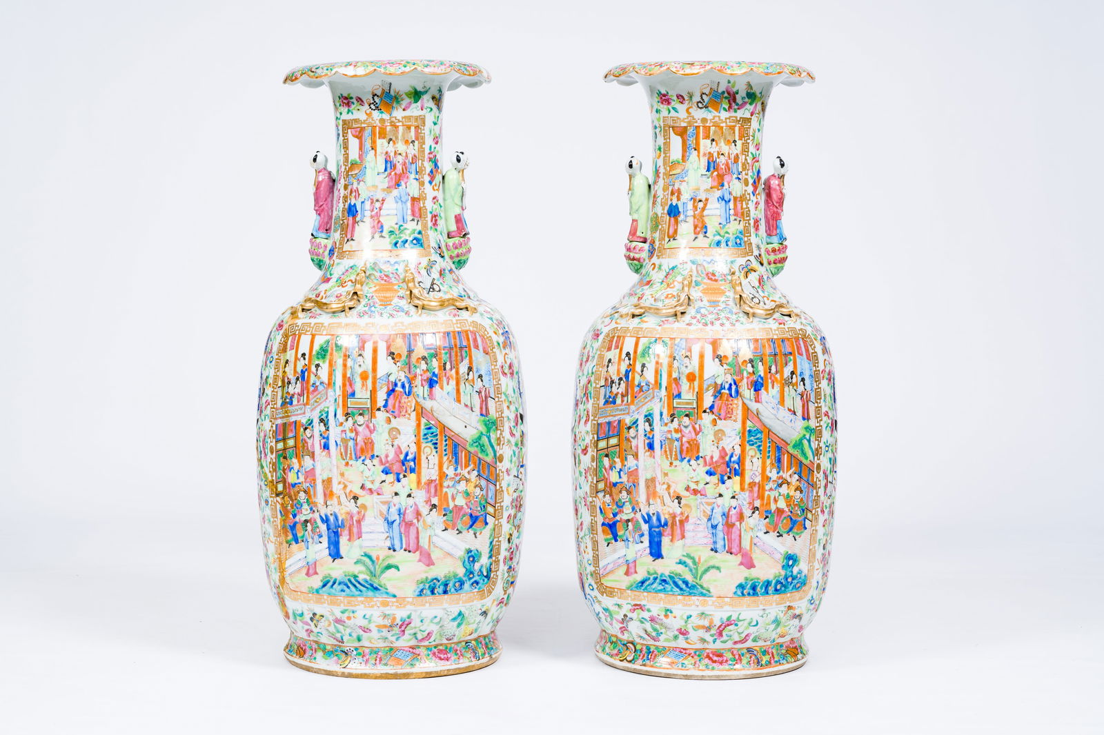 A Pair Of Large Ribbed Chinese Canton Famille Rose Vases With Palace ...