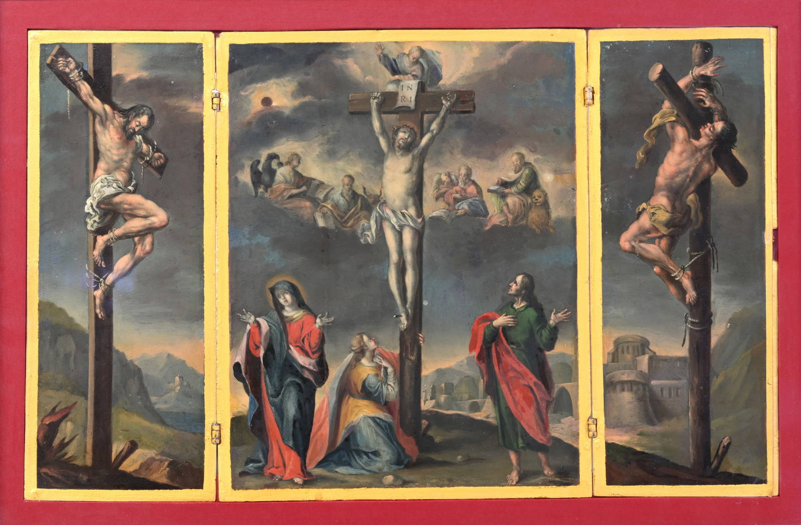 Flemish School: Triptych With The Calvary, Oil On Copper, 17th C. Auction