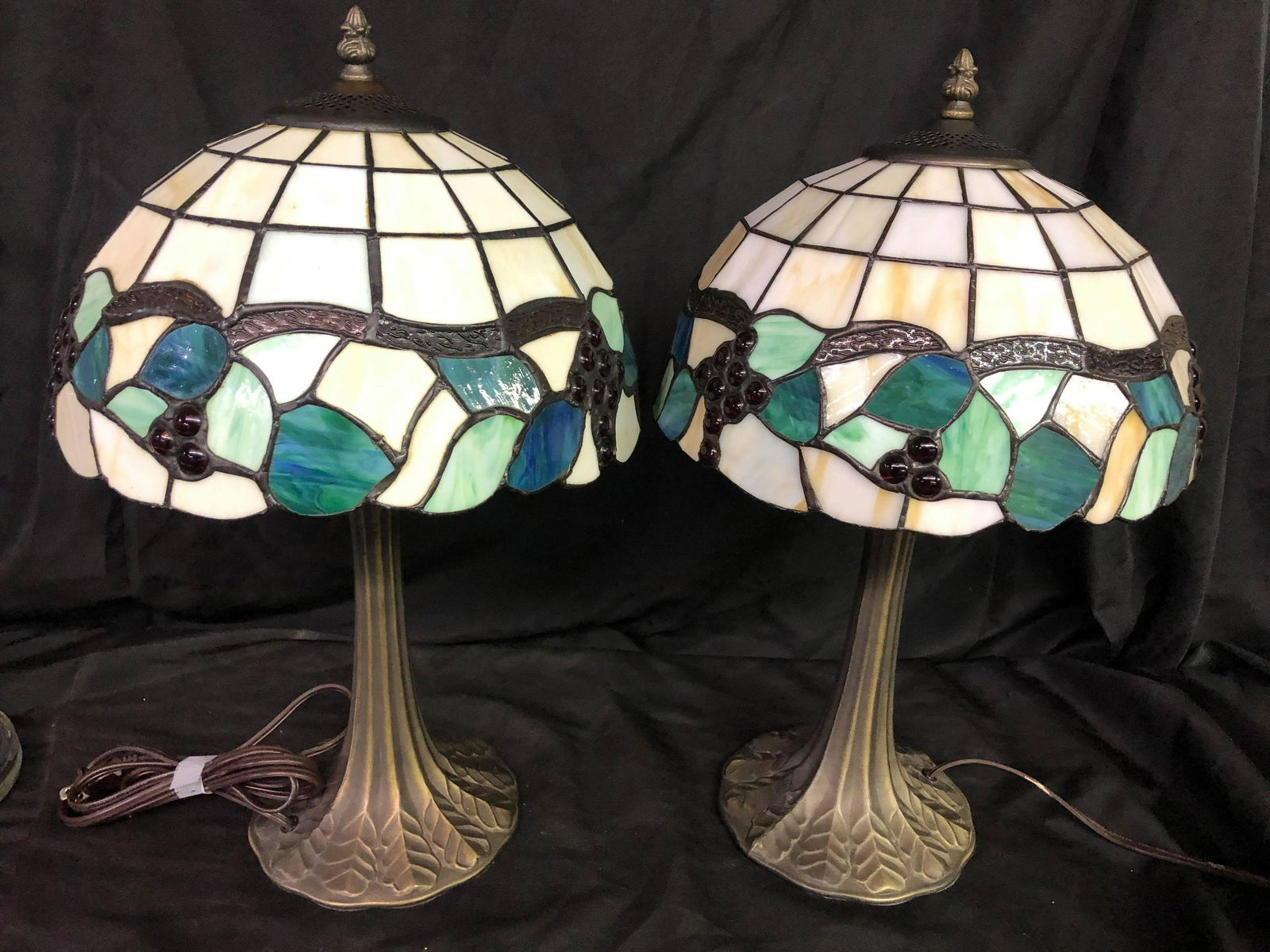 Pair Of Stained Glass Lamps With Iron Bases