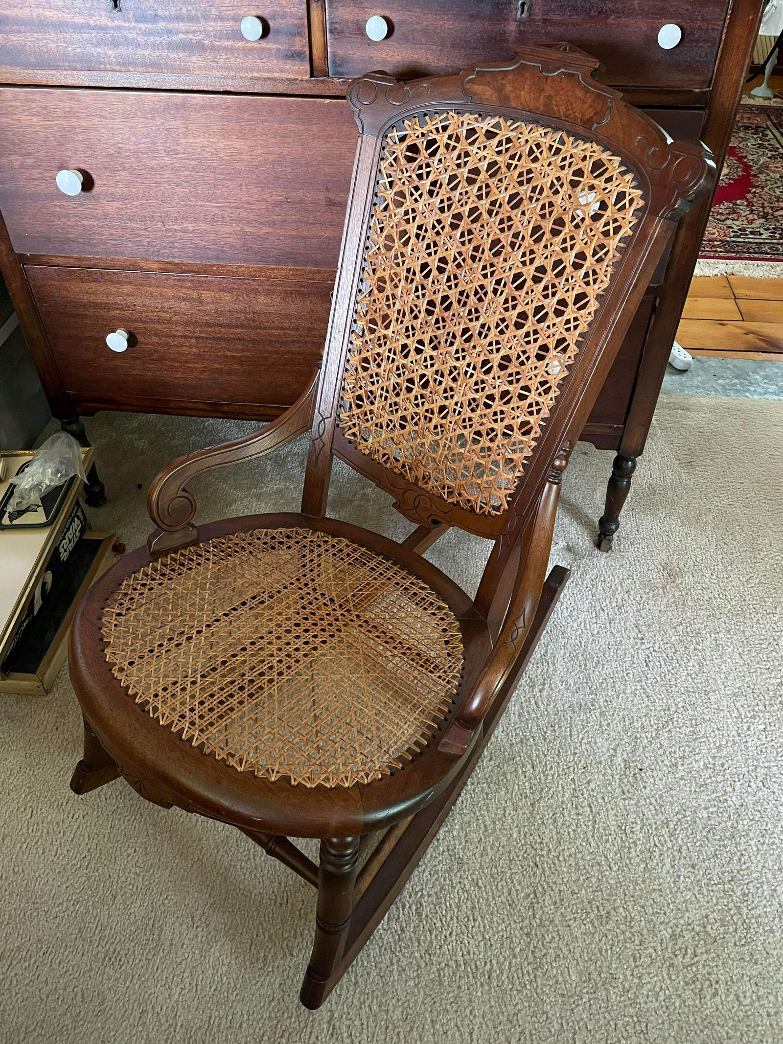 Antique Victorian Style Rocking Chair With Woven Cane Bottom And Back ...