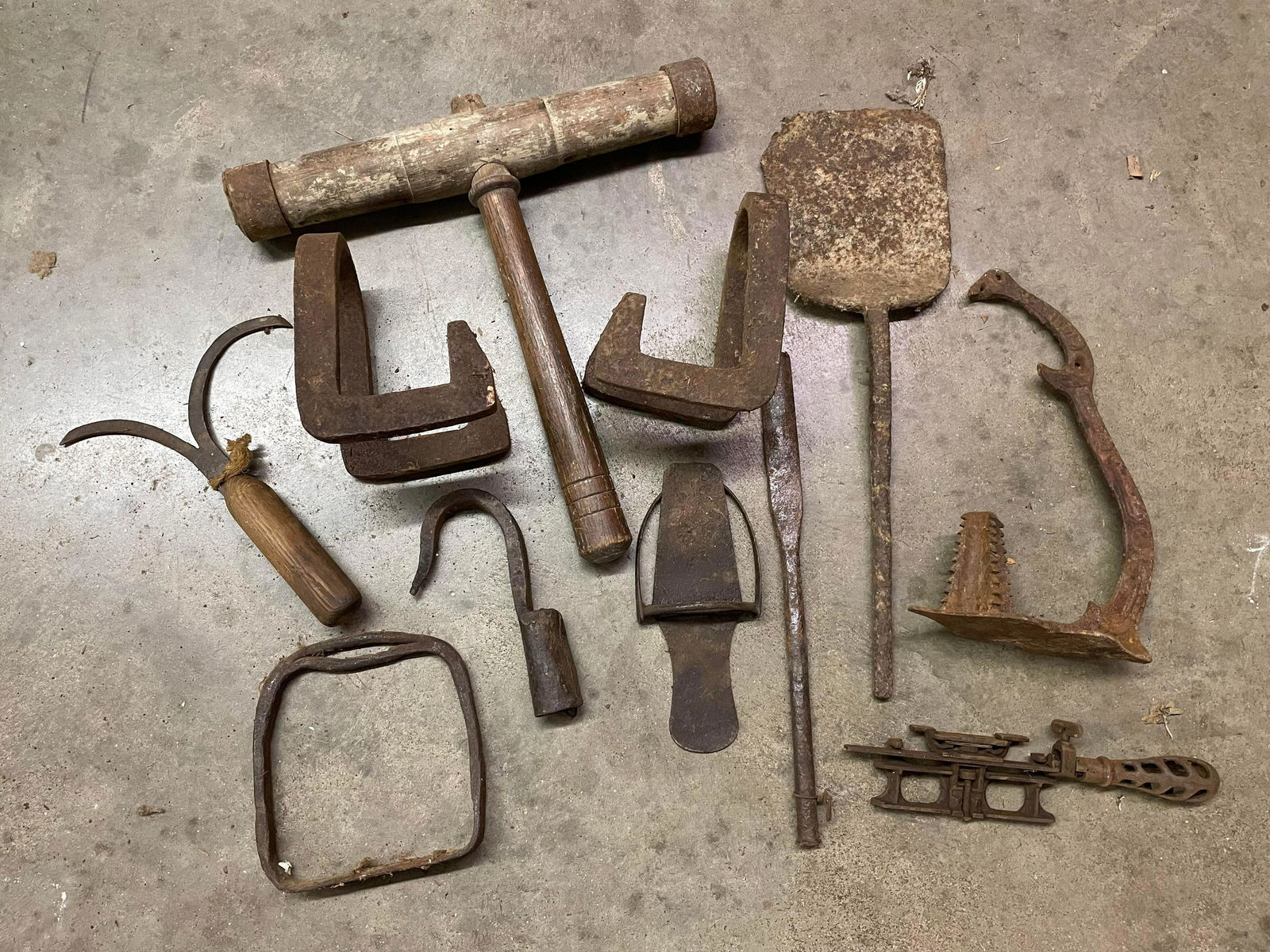 Assorted Wrought Iron, Tools And Primitive Items