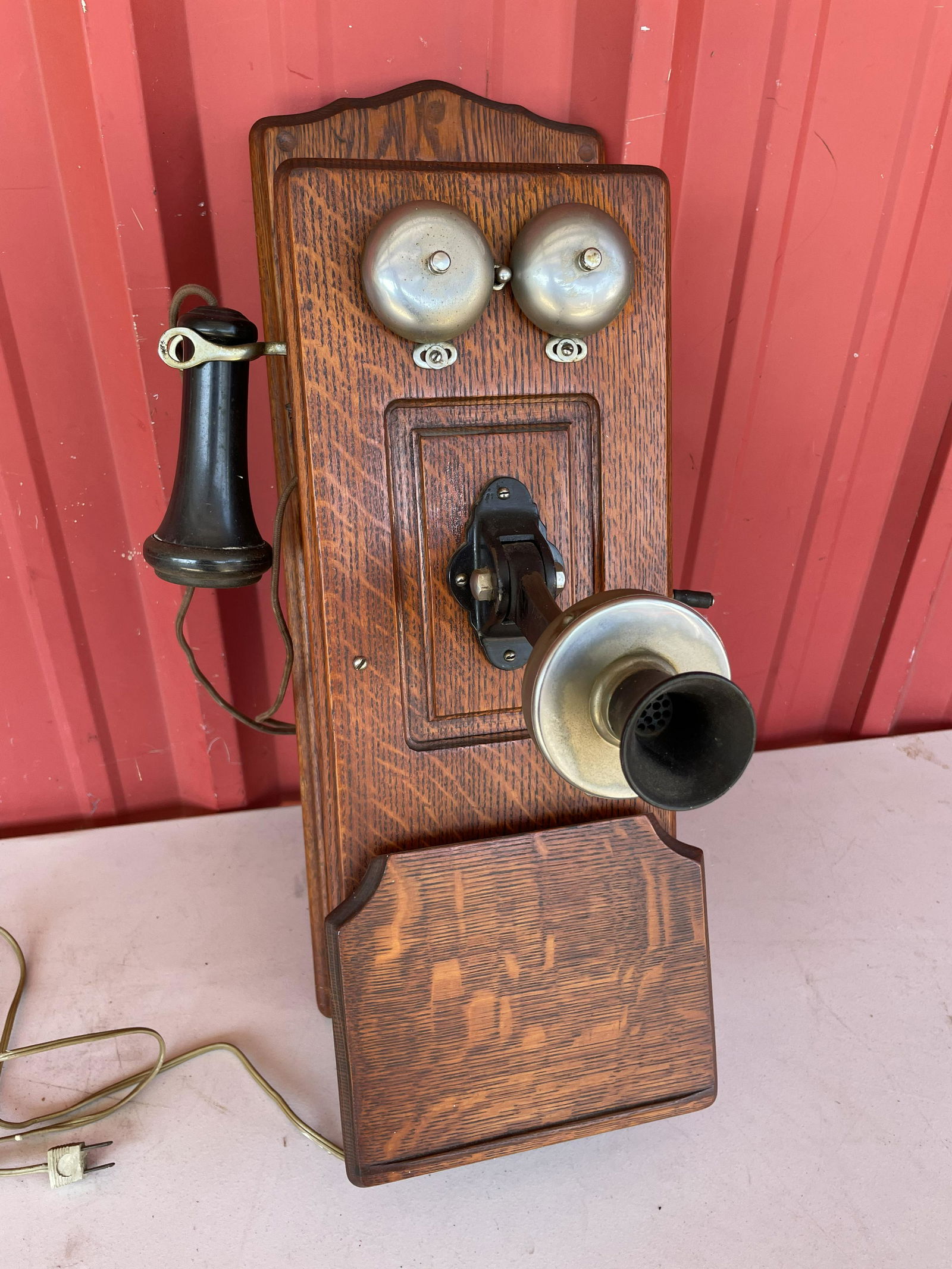 Antique Oak Wall Mounted Telephone