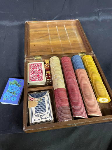 Antique Playing Cards And Chalkware Poker Chips