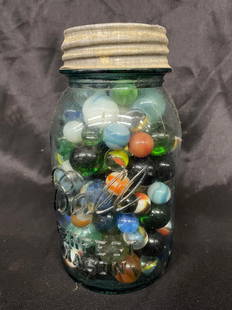 Vintage Mason Ball Jar Full Of Old Marbles