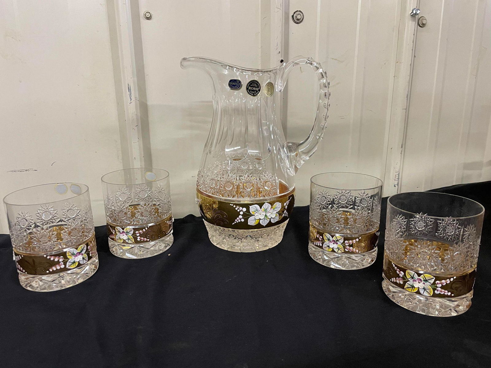 Bohemia Queen Lace 18k Gold & Enamel Crystal Pitcher W. Matching Glasses