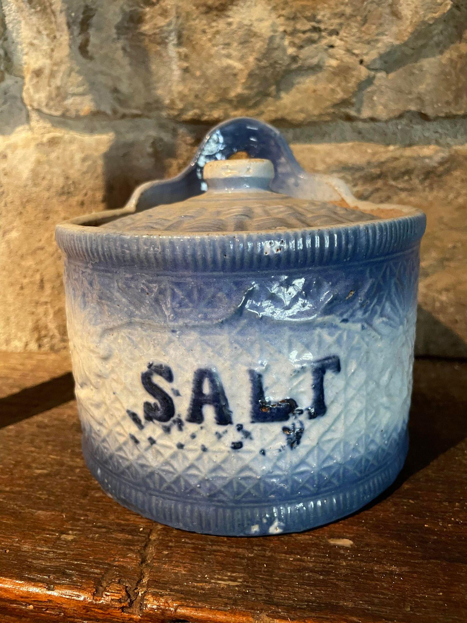 Antique Flow Blue Stoneware Salt Crock