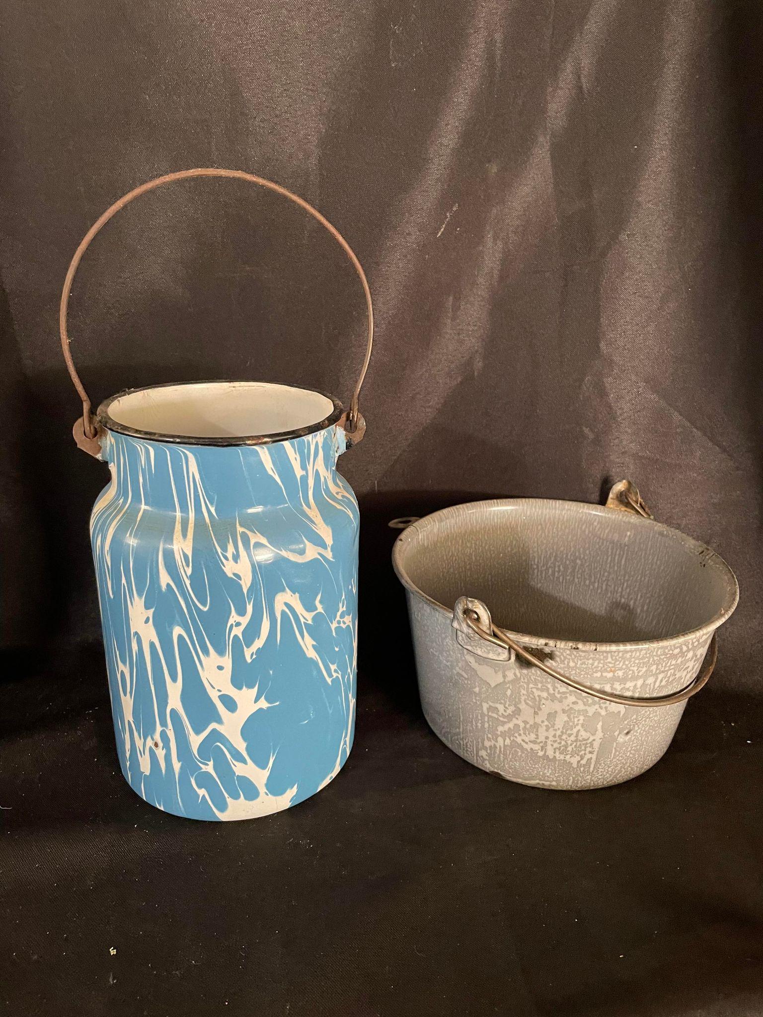 Enamelware Berry Bucket, Lunch/milk Pales W/ Handles Auction