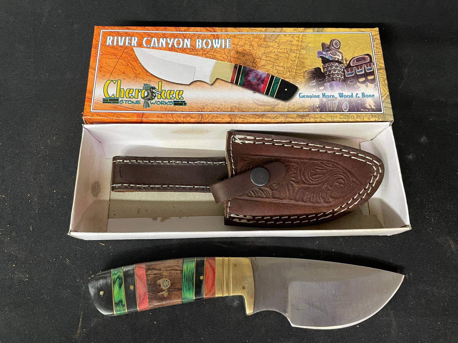 Cherokee River Canyon Bowie W/ Leather Sheath In Box Auction