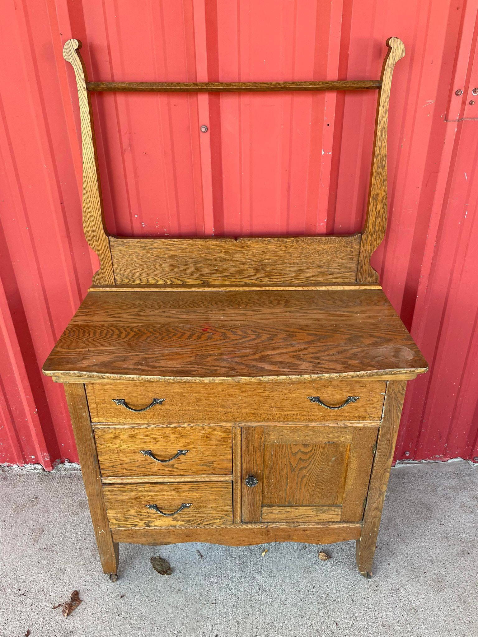 Antique Tiger Oak Wishbone Washstand W/ Towel Bar Auction