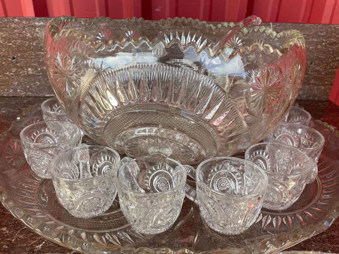 Brilliant Cut Glass Punch Bowl And Glass Set W/ Ladle