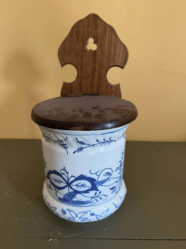 Vintage Porcelain Flow Blue Salt Box With Wooden Wall Mount & Hinged Lid