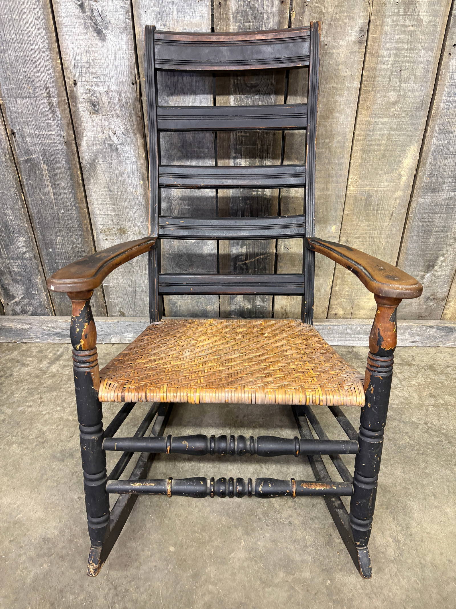 Antique Ladder Back Rocker W/ Rush Cane Seat 24"x34"x39" Auction
